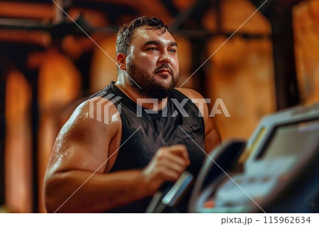 Fat man training on a treadmill in the gym.のイラスト素材 [115962634] - PIXTA