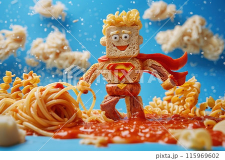 Funny bread superhero saves pasta from sauce...のイラスト素材 [115969602] - PIXTA