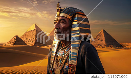 Egyptian pharaoh in summer sunset with pyramids...のイラスト素材 [115971002 ...