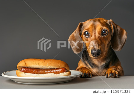 Dog staring at a hot dog on plateのイラスト素材 [115971322] - PIXTA