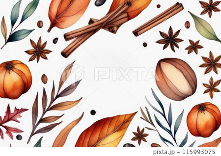 Aromatic autumn spices and fall Leaves on white...のイラスト素材 [115993075 ...