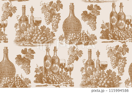 Seamless pattern. Vineyard, vintage bottle and...のイラスト素材 [115994586 ...