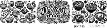Trendy Mexican food line art black and white....のイラスト素材 [116002403] - PIXTA