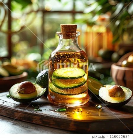 Bottle avocado oil surrounded avocados, rustic...のイラスト素材 [116025684 ...