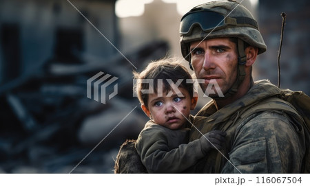 Brave Soldier Rescuing Distressed Child in...のイラスト素材 [116067504] - PIXTA
