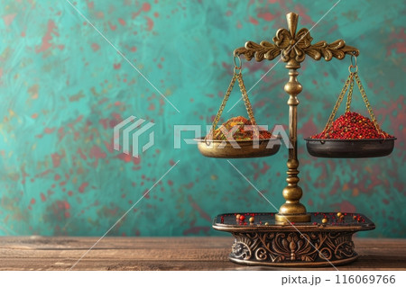 Two scales with different colored spices on...のイラスト素材 [116069766] - PIXTA