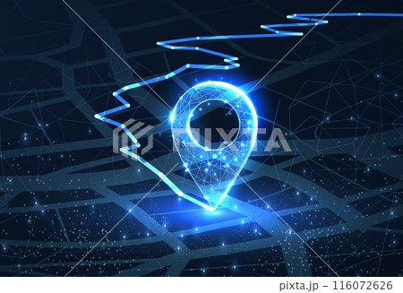 Pin icon with move path. New office location,...のイラスト素材 [116072626] - PIXTA