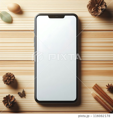 Smartphone mockup on a wooden table surrounded...のイラスト素材 [116082178 ...