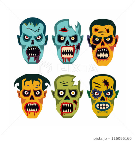 Six cartoon zombie heads showing varying...のイラスト素材 [116096160] - PIXTA