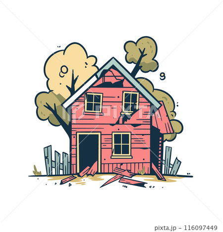 Dilapidated red barn cartoon, damaged rural...のイラスト素材 [116097449] - PIXTA