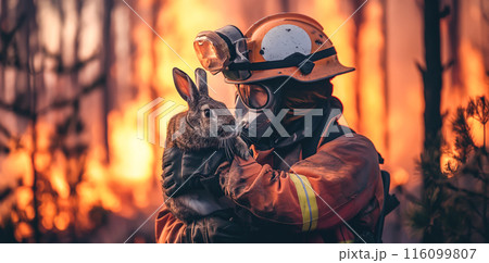 A firefighter cradles a rescued rabbit, soot...のイラスト素材 [116099807] - PIXTA