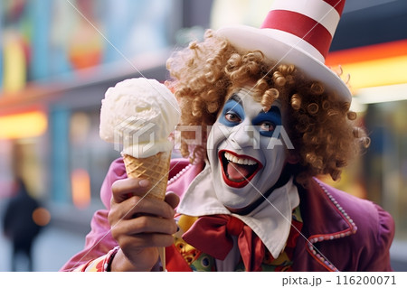 A funny clown in a summer park with ice cream...のイラスト素材 [116200071] - PIXTA