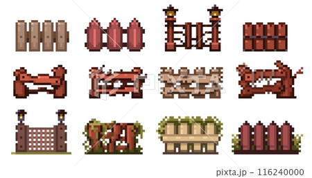 Pixel wooden fences. Retro 8 bit game asset,...のイラスト素材 [116240000] - PIXTA