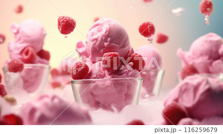 Pink color raspberry ice cream with berries...のイラスト素材 [116259679] - PIXTA