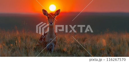 Fawn in field at sunset. Wildlife photography....のイラスト素材 [116267570 ...