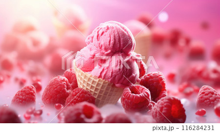 Pink color raspberry ice cream with berries...のイラスト素材 [116284231] - PIXTA