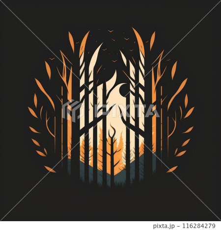 Forest fire illustration logo with treesのイラスト素材 [116284279] - PIXTA