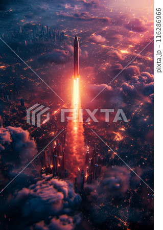 Rocket is launching into space with cityscape...のイラスト素材 [116286966] - PIXTA