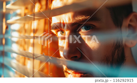 close-up of man looking through blinds. sun raysのイラスト素材 [116292915] - PIXTA