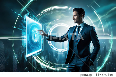 Business man, technology, graphic on glowing...のイラスト素材 [116320146] - PIXTA