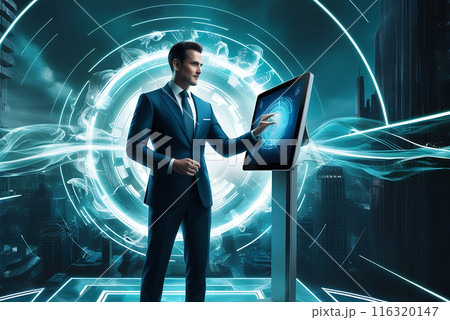 Business man, technology, graphic on glowing...のイラスト素材 [116320147] - PIXTA