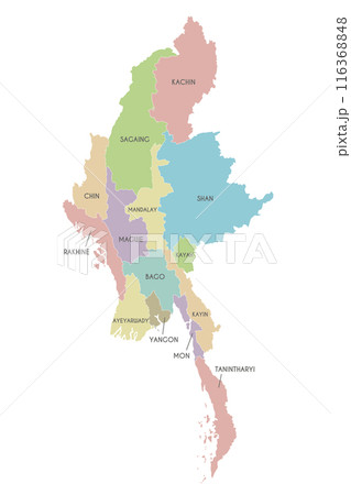 Vector map of Myanmar with regions, states and...のイラスト素材 [116368848 ...