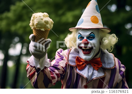A funny clown in a summer park with ice cream...のイラスト素材 [116376921] - PIXTA