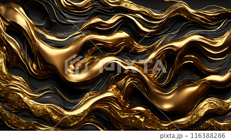 Waves of gold flowing across black marble. 3d...のイラスト素材 [116388286] - PIXTA