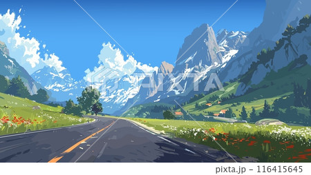 Tarmac Motorway Leading Through Lush Meadows...のイラスト素材 [116415645] - PIXTA