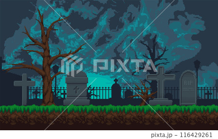 Pixel art graveyard background. 2d pixel video...のイラスト素材 [116429261 ...