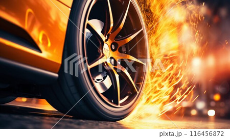 Fiery Acceleration: Rear Wheel of Sports Car...のイラスト素材 [116456872] - PIXTA