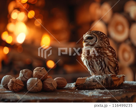 Roasted Chestnut Beside a Cozy Fireside Owl...のイラスト素材 [116499235] - PIXTA