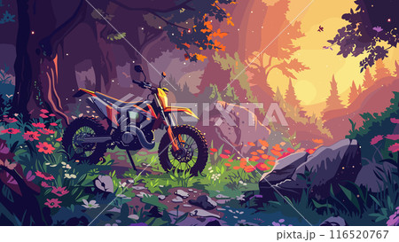 Enduro Motorbike Standing in Brightly Lit...のイラスト素材 [116520767] - PIXTA