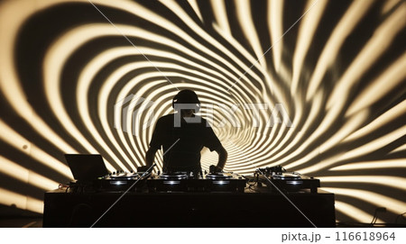 A DJ stands at a mixing console, backlit by a...のイラスト素材 [116618964] - PIXTA