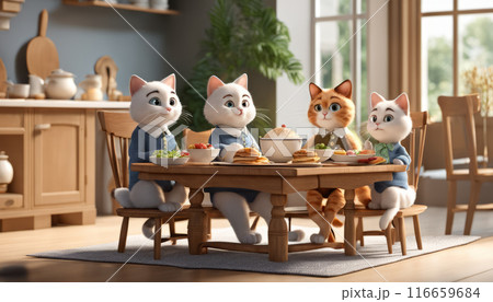 A family of cats are having lunchのイラスト素材 [116659684] - PIXTA