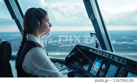 A skilled female air traffic controller...のイラスト素材 [116706126] - PIXTA