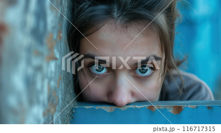 Curious eyes behind blue wall.のイラスト素材 [116717315] - PIXTA