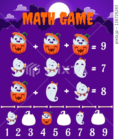 Halloween math game worksheet with cute kawaii...のイラスト素材 [116726265 ...
