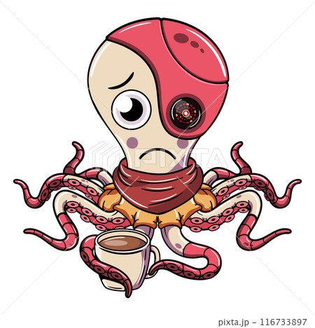 A cute, sad cartoon octopus with a cyborg eye,...のイラスト素材 [116733897 ...