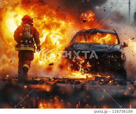 Heroic Firefighters Respond to Explosive Car...のイラスト素材 [116736189] - PIXTA