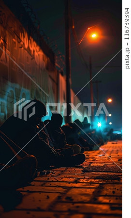 Homeless people huddle along brick wall under...のイラスト素材 [116739394] - PIXTA