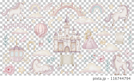 Watercolor clipart with Unicorns and princess...のイラスト素材 [116744794] - PIXTA