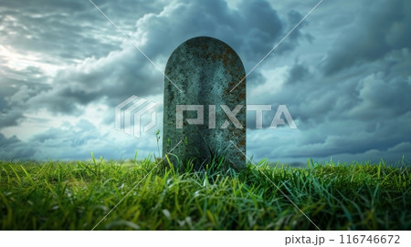 Old gravestone in a grassy field with cloudy...のイラスト素材 [116746672] - PIXTA