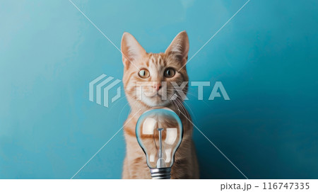 Cat with lightbulb in front of blue background,...のイラスト素材 [116747335 ...
