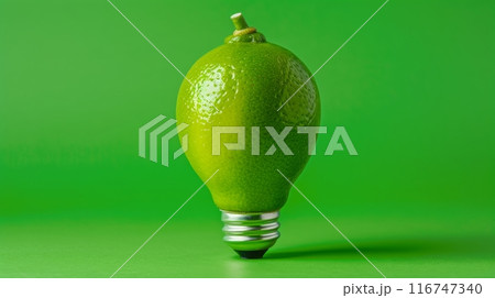 Green lime bulb on a green background, creative...のイラスト素材 [116747340 ...