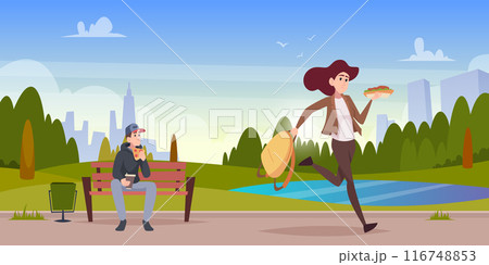 Snacks people. Eating at work exact vector...のイラスト素材 [116748853] - PIXTA