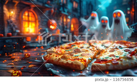 Ghostly Pizza Bites Spooky Pizzeria with...のイラスト素材 [116756856] - PIXTA