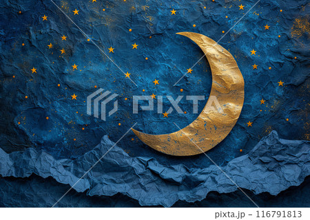 Paper crescent moon and stars in the night skyのイラスト素材 [116791813] - PIXTA