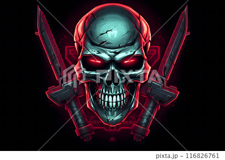 Red punk cyber human skull with weapon. Neural...のイラスト素材 [116826761 ...