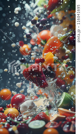 The image features fresh fruits and vegetables...のイラスト素材 [116841695 ...